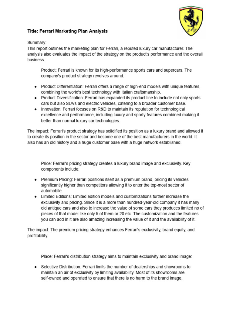 Ferrari Marketing Strategy Overview | PDF | Brand | Ferrari