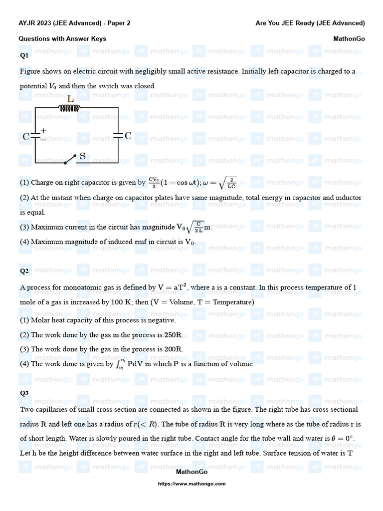 AYJR 2023 (Advanced) Paper 2 - MathonGo 2 | PDF | Capacitor | Equations