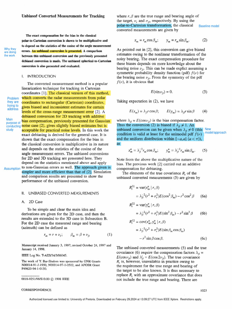 Unbiased Converted Measurements for Tracking(1998) | PDF | Bias Of An Estimator | Normal ...