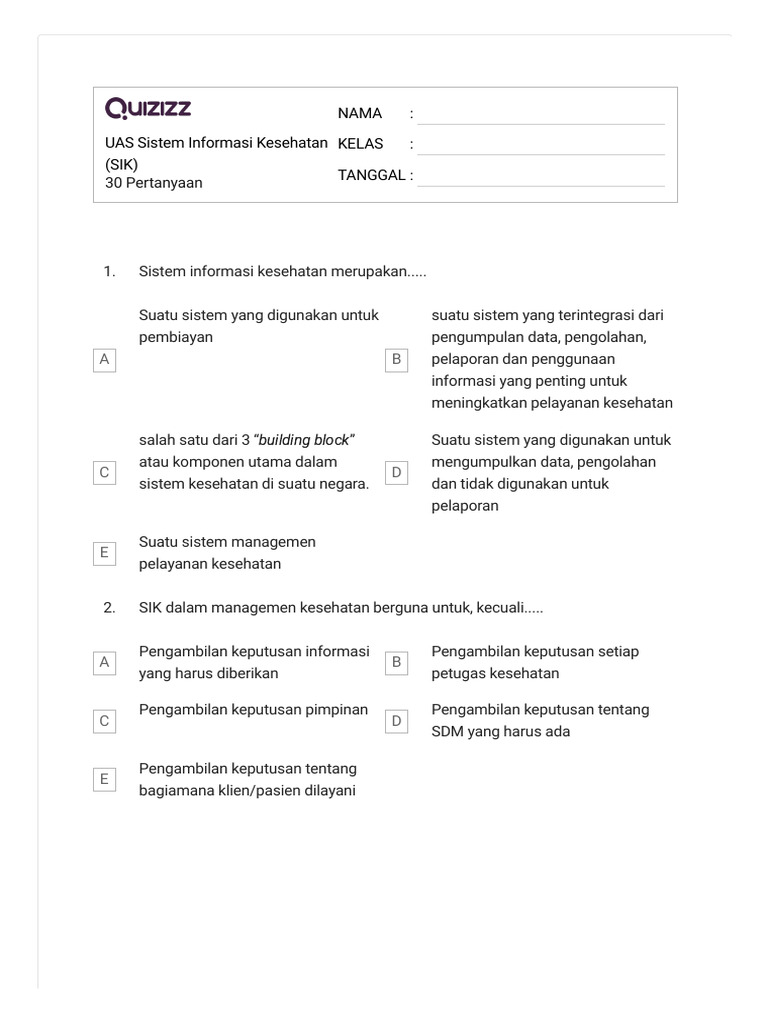 30 Pertanyaan: UAS Sistem Informasi Kesehatan (SIK) Nama: Kelas: Tanggal | PDF