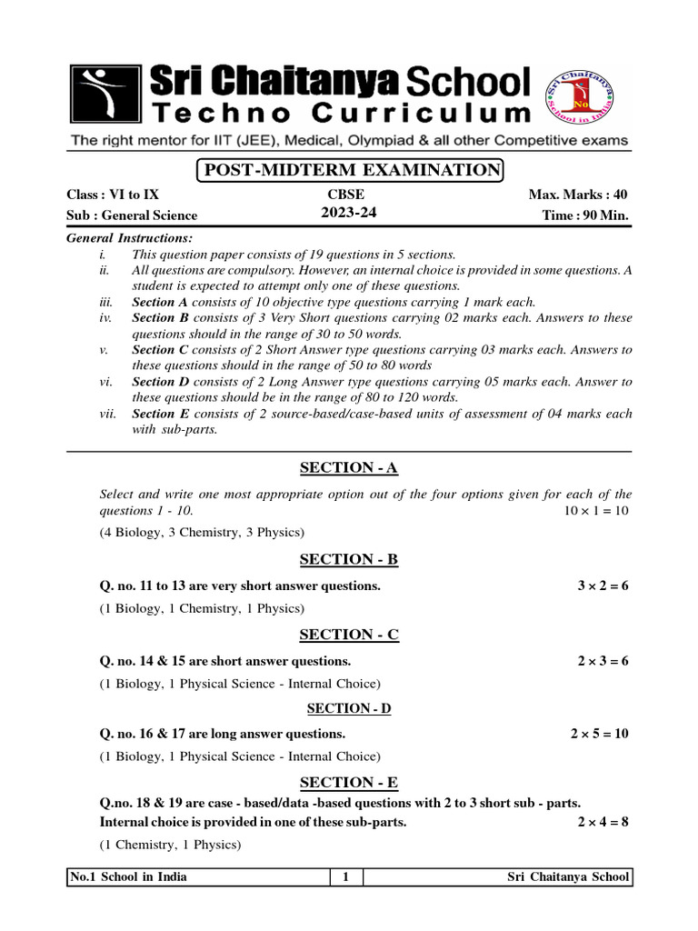 CBSE Class VI To IX Class General Science Post Midterm QPP | PDF | Teaching Methods & Materials