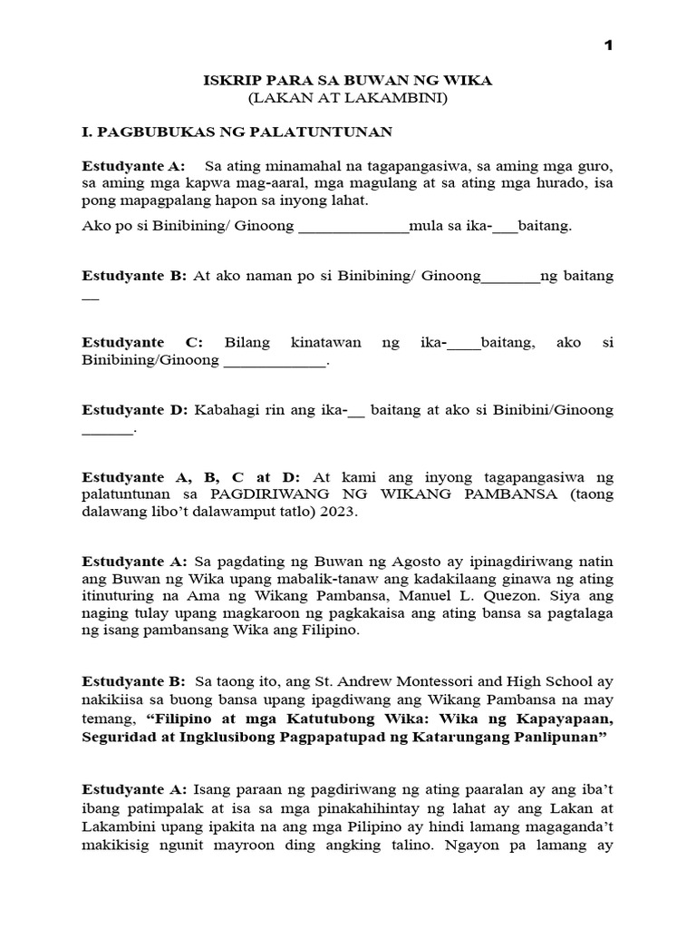 Iskrip para Sa Buwan NG Wika (Lakan at Lakambini) | PDF