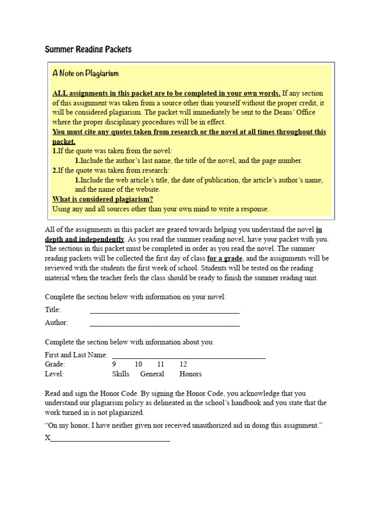 Summer Reading Packets-1 | PDF | Narration | Plagiarism