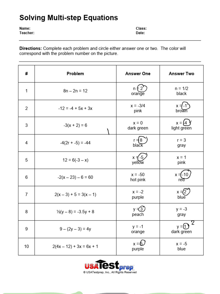 Solving Multi-Step Equations Coloring | PDF