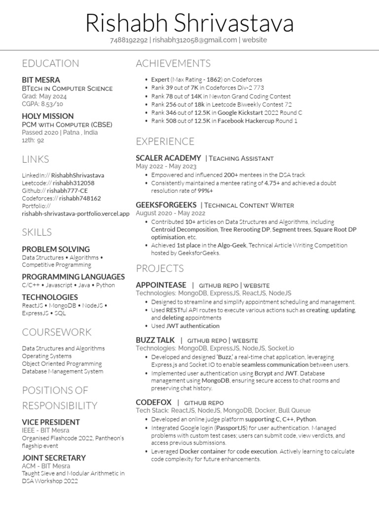 Rishabh Shrivastava CV PDF | PDF | Computing | Computer Science