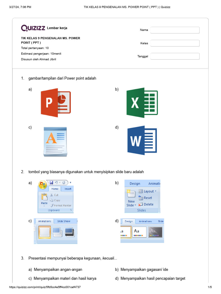 TIK KELAS 9 PENGENALAN MS. POWER POINT (PPT) - Quizizz | PDF | Metode & Bahan Ajar | Seni