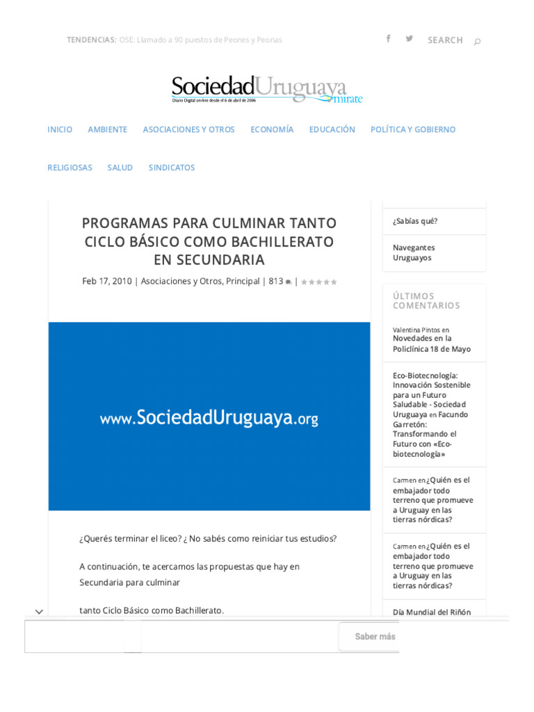 Programas para Culminar Tanto Ciclo Básico Como Bachillerato en Secundaria - Sociedad Uruguaya ...