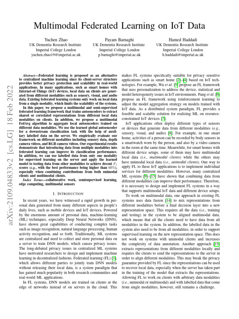 Multimodal Federated Learning On Iot Data: Yuchen Zhao Payam Barnaghi Hamed Haddadi | PDF ...