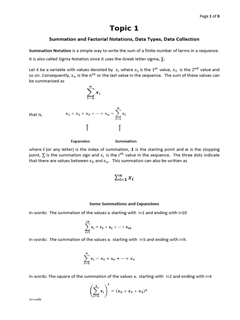 TOPIC1. Summation and Factorial Notations, Data Types, Data Collection | PDF | Summation | Level ...