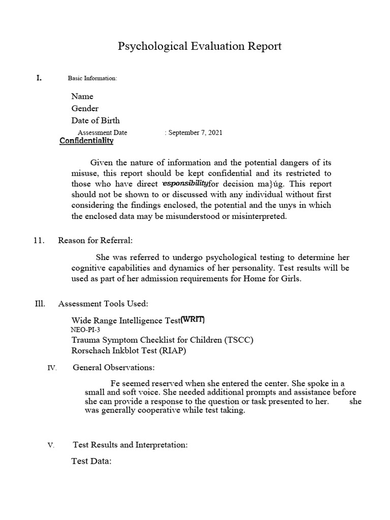 Psychological Assesment Report Sample | PDF | Anxiety | Affect (Psychology)