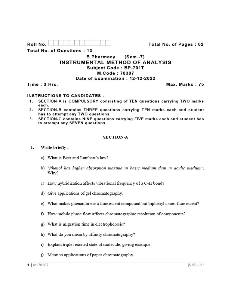 Instrumental Analysis Old Question Paper | PDF | Chromatography ...