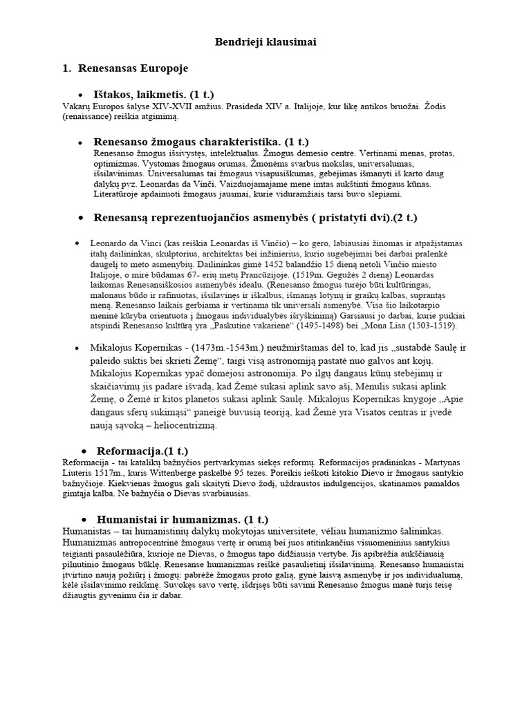 Renesansas Europoje LDK Apsvieta Europoje Bendrieji Klausimai (Mokslobaze - LT) | PDF