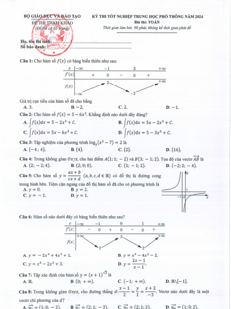 De Thi Tham Khao Ky Thi Tot Nghiep THPT Nam 2024 Mon Toan | PDF