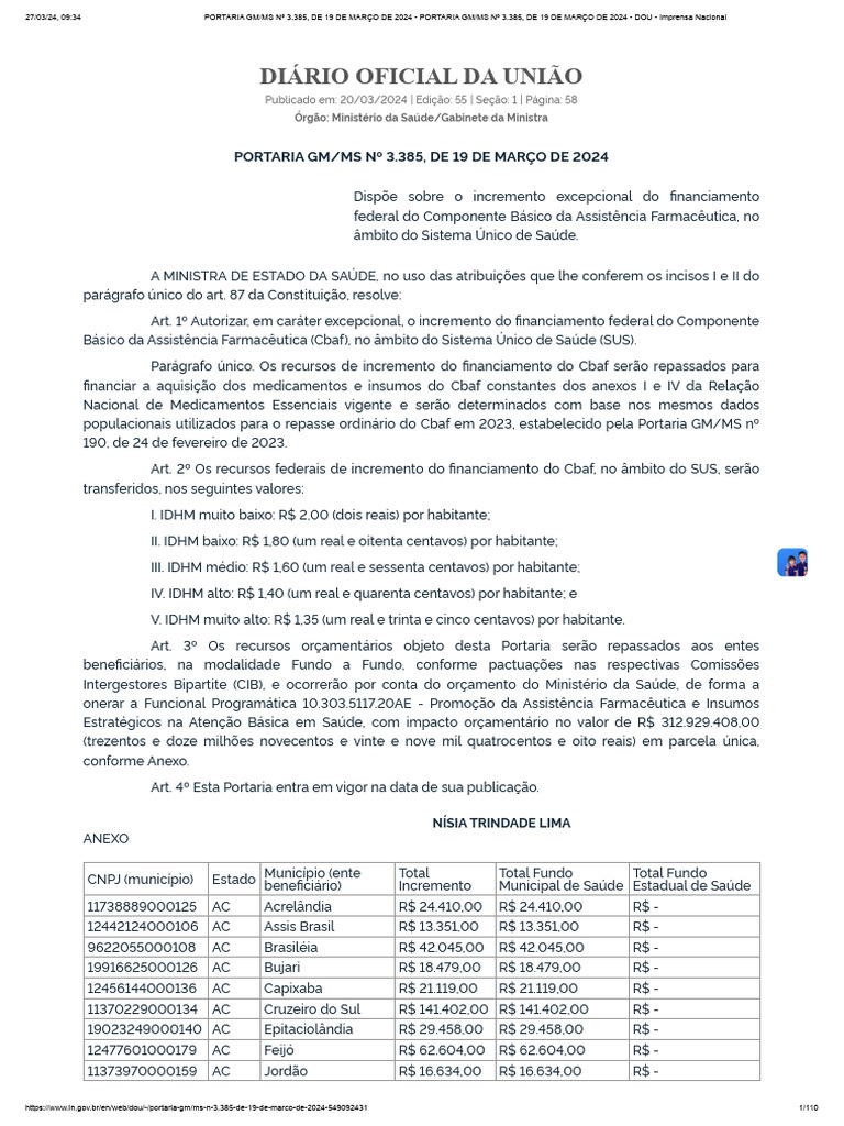 PORTARIA GM - MS #3.385, DE 19 DE MARÇO DE 2024 - PORTARIA GM - MS #3. ...