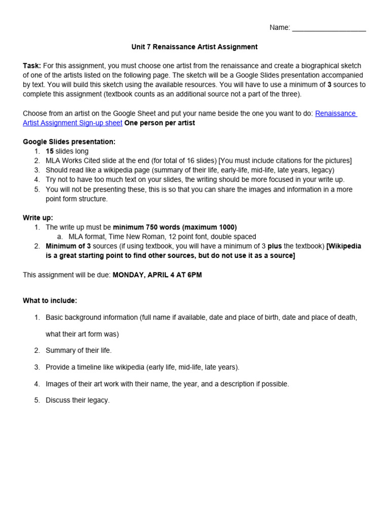 Renaissance Artist Assignment | PDF | Writing | Human Communication