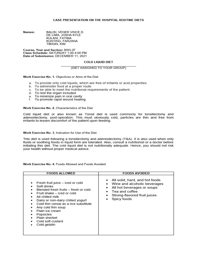 Case Presentation On The Hospital Routine Die | PDF | Dieting | Meal