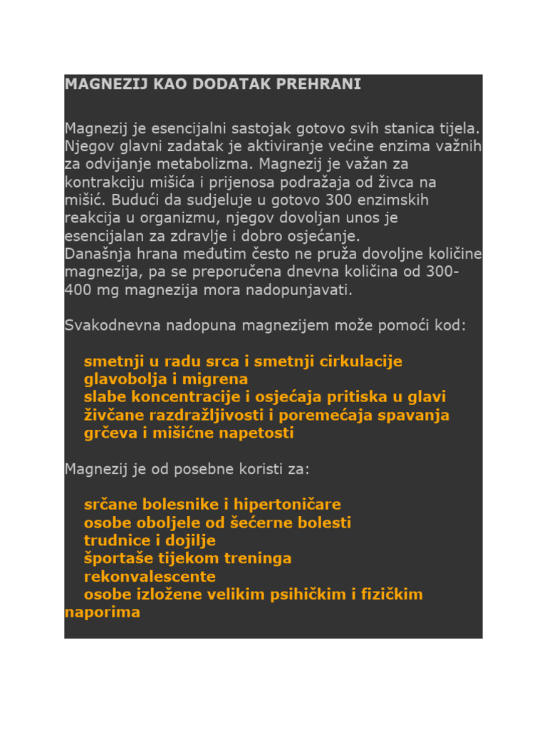 Magnezij Kao Dodatak Prehrani | PDF