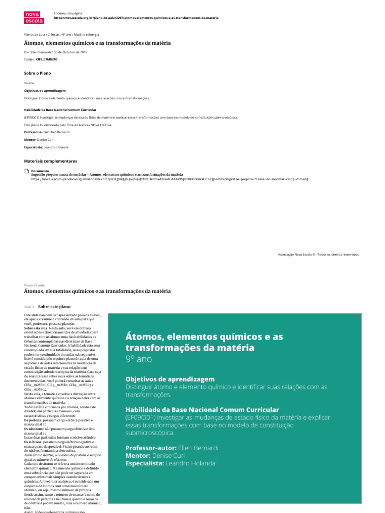 Plano de Aula Cie9 01me05 | PDF | Química | Próton
