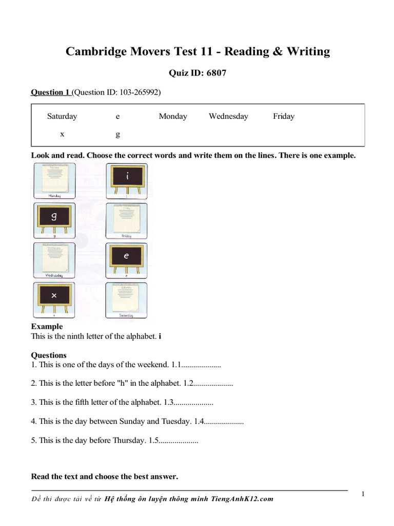 Cambridge Movers Test 11: Reading & Writing | PDF