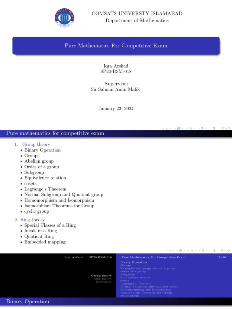 Final Presentation Pure Maths | PDF | Group (Mathematics) | Ring (Mathematics)