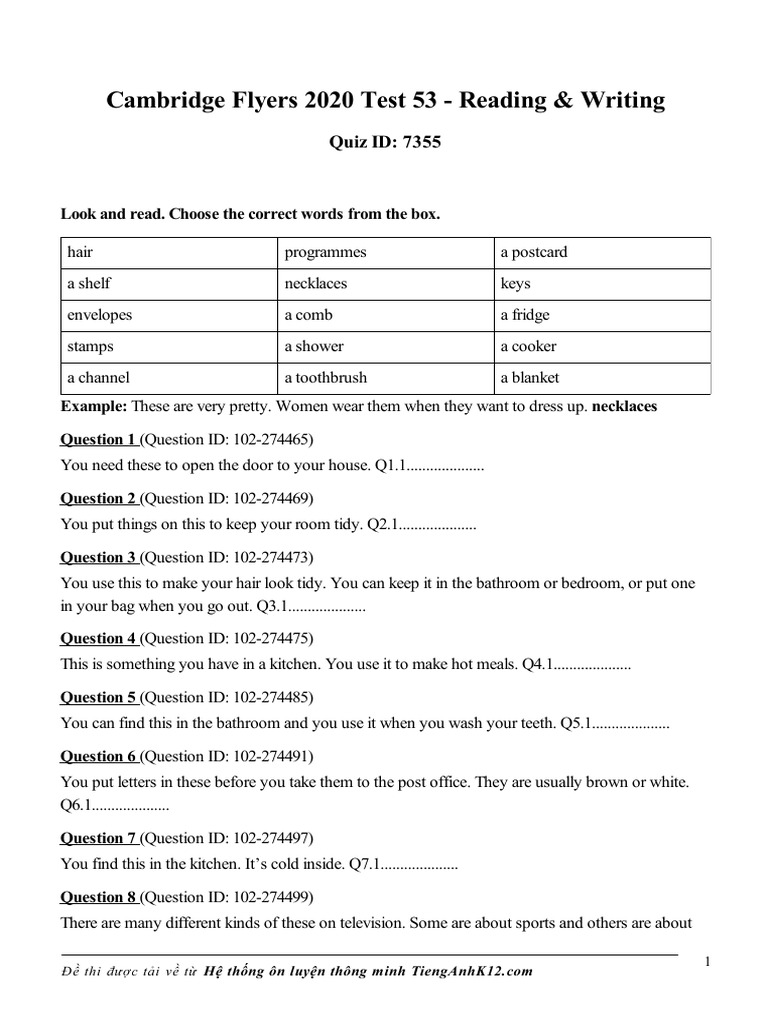 Quiz - 7355 - Cambridge Flyers 2020 Test 53 - Reading Writing | PDF