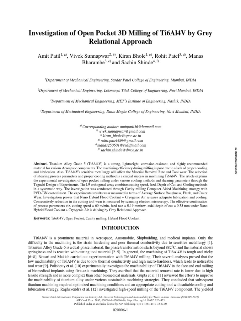 Investigation of Open Pocket 3D Milling of Ti6Al4V by Grey Relational ...