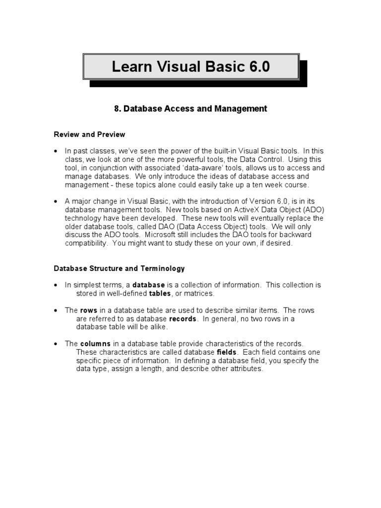 Learn Visual Basic 6.0: 8. Database Access and Management | PDF ...