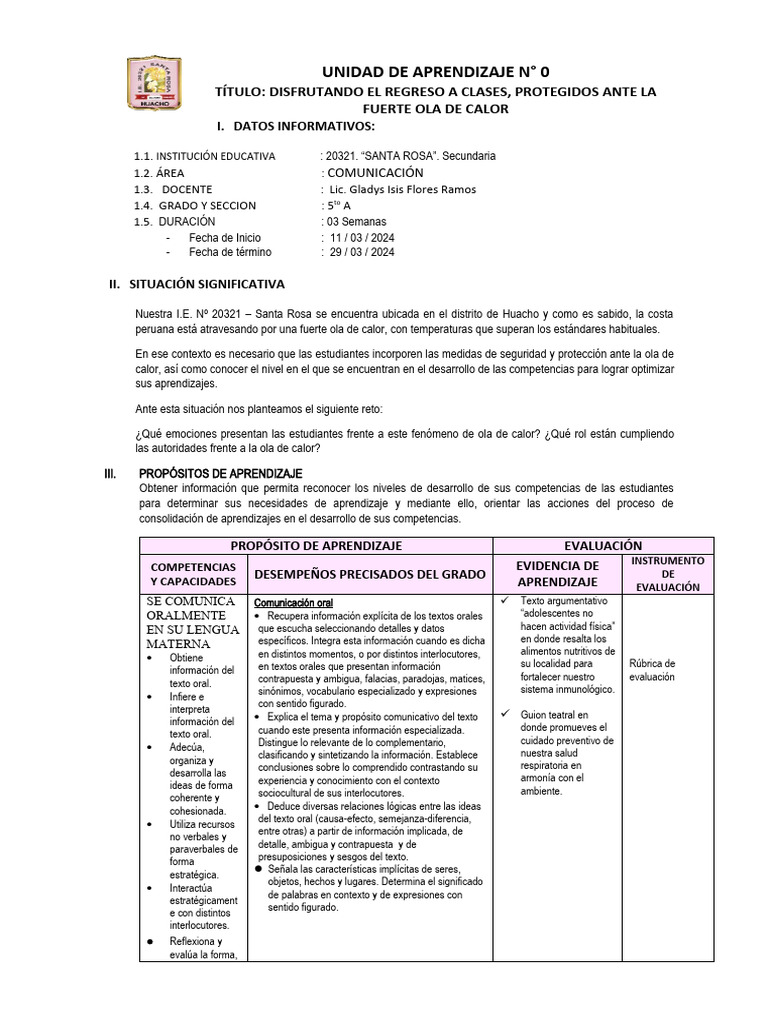 Unidad Cero 5° | PDF | Evaluación | Aprendizaje