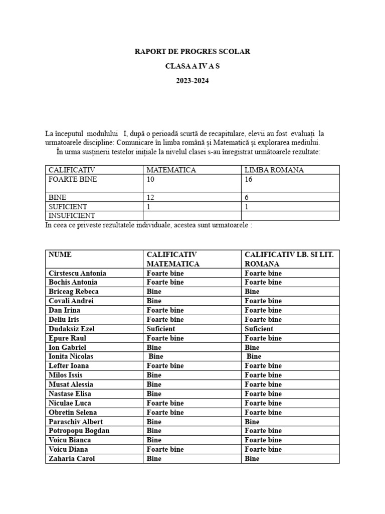 Raport de Progres Scolar - Verifcat de Insp | PDF