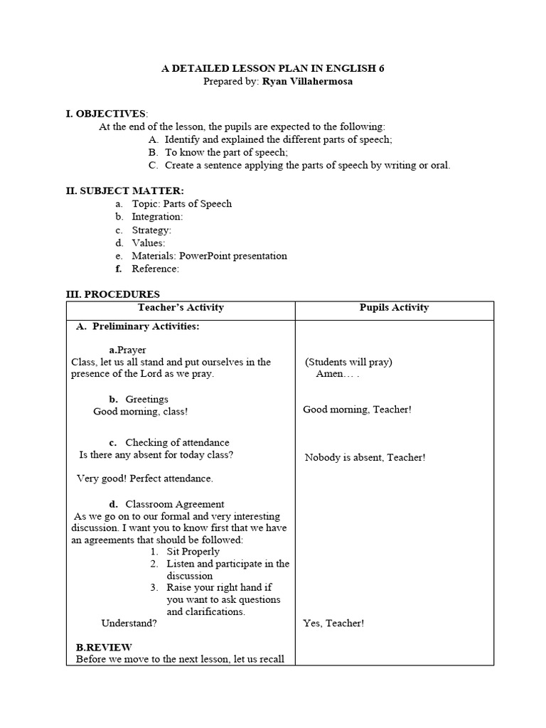 Lesson Plan English 6 | PDF | Part Of Speech | Noun