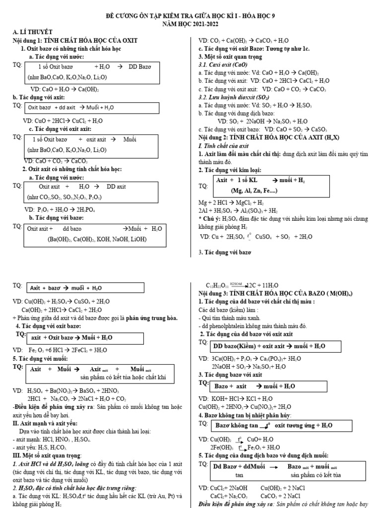 2021 2022 ĐỀ CƯƠNG HÓA 9 GIỮA HKI | PDF