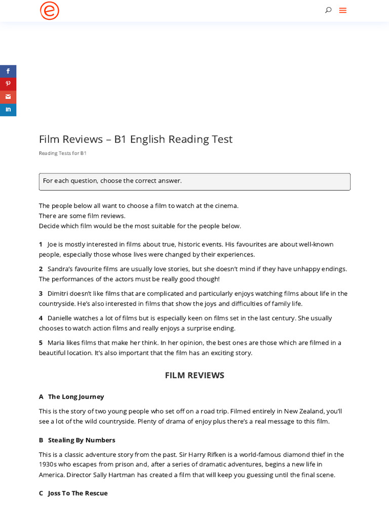 Film Reviews - B1 English Reading Test - English P | PDF | Language ...