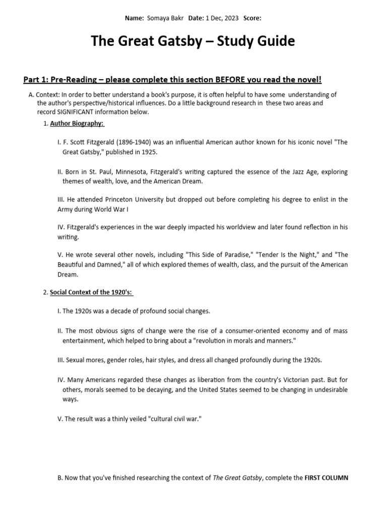 Gatsby - Study - Guide | PDF | The Great Gatsby | F. Scott Fitzgerald
