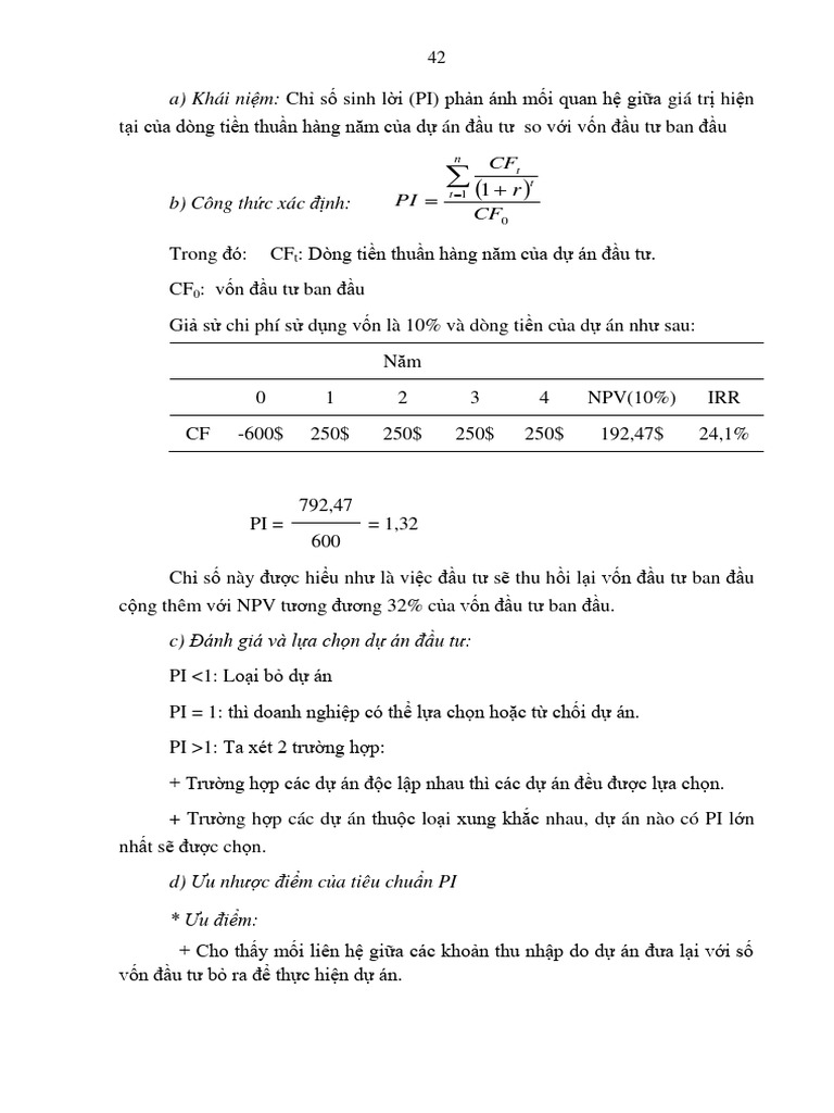 a) Khái niệm: Chỉ số sinh lời (PI) phản ánh mối quan hệ giữa giá trị ...