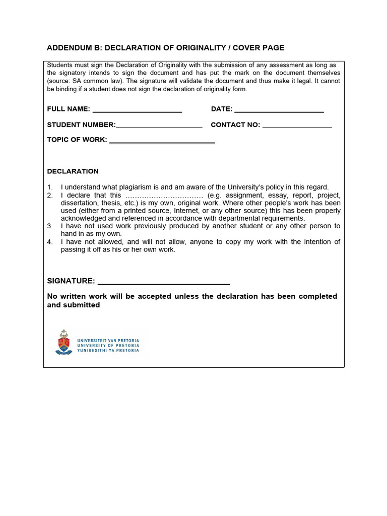 Declaration of Originality - Addenda | PDF | Thesis | Signature