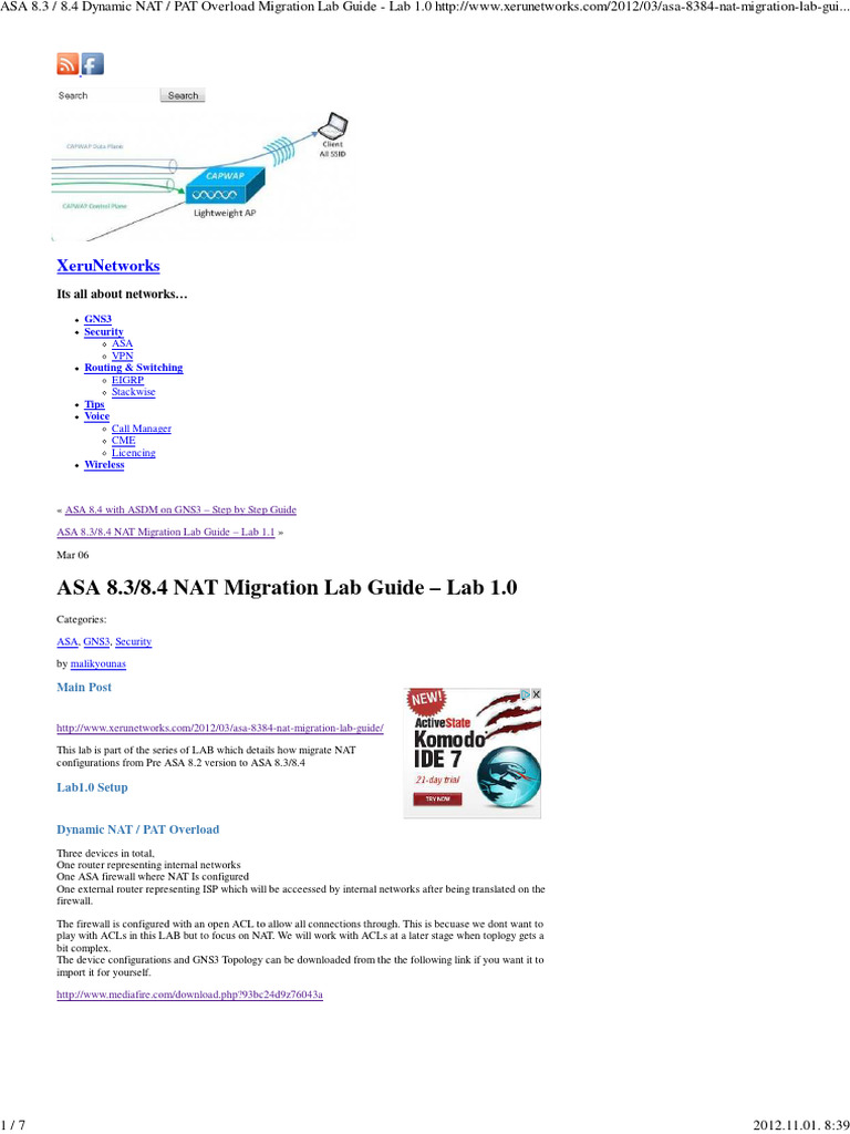 ASA 8.3 - 8.4 Dynamic NAT - PAT Overload Migration Lab Guide - Lab 1.0 | PDF | Internet ...