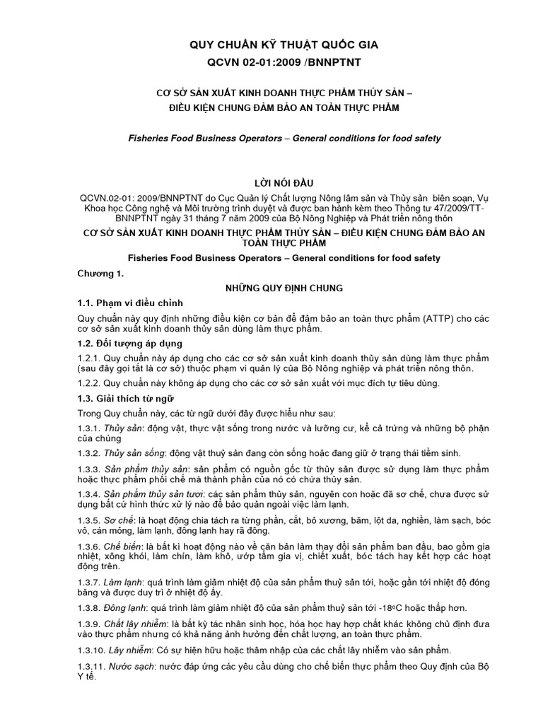QCVN 02-01-2009-bnnptnt - ĐK CHUNG Đ M B O ATTP - NM CB TPTS | PDF