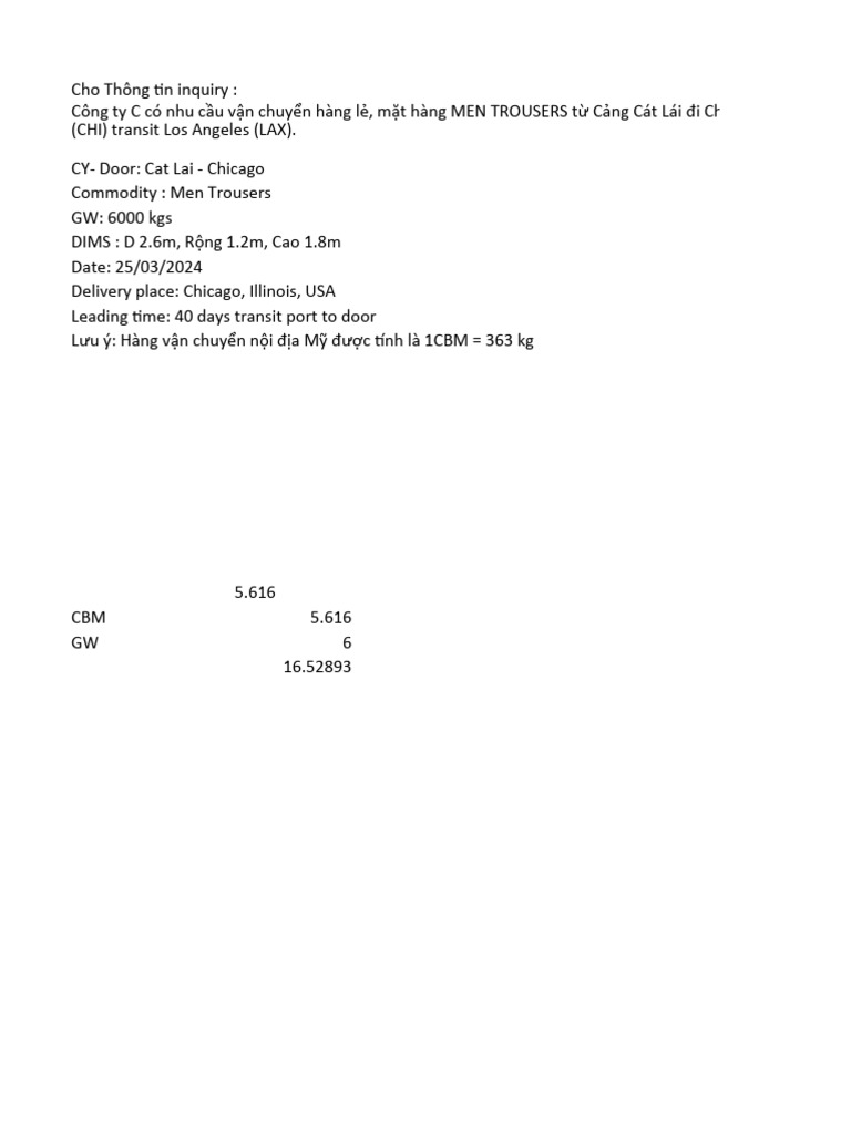 Bai Tap Bao Gia Sea Lcl | PDF | Fee | Cargo