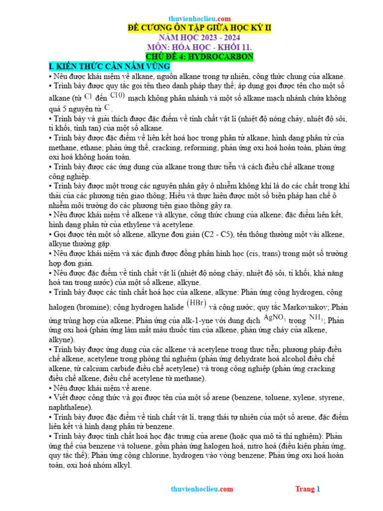 De Cuong On Tap Giua HK2 Hoa 11 CTST | PDF