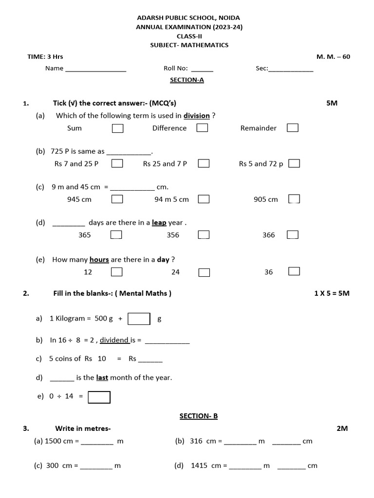 Class 2 Mathematics Exam Paper 2023 | PDF | Mathematics