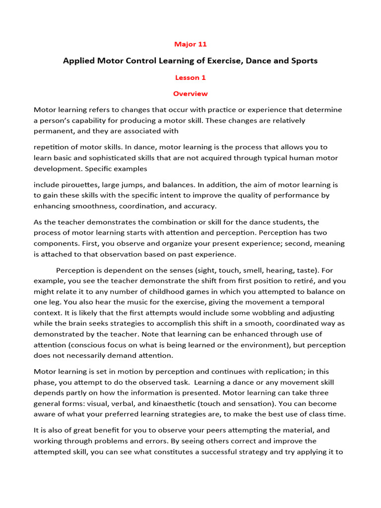 Applied Motor Control Learning of Exercise | PDF | Motor Control | Learning