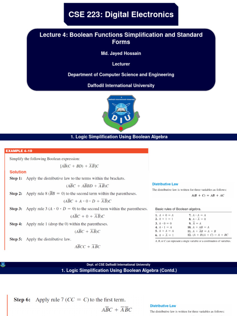 Boolean Functions Simplification And Standard Forms Jhn Pdf Boolean Algebra Teaching