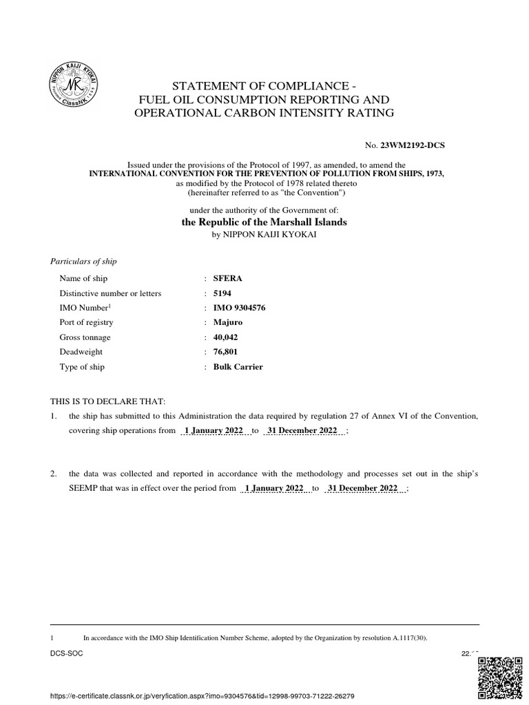 Compliance Report for Ship SFERA | PDF | Water Transport | Shipping