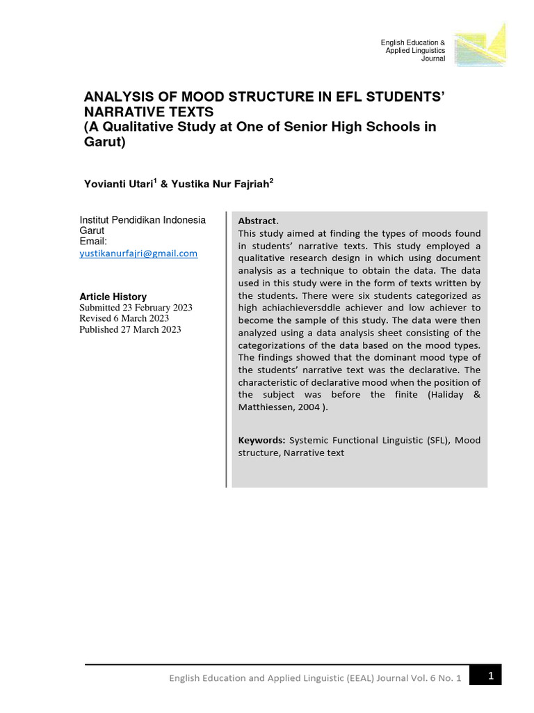 Analysis of Mood Structure in Efl Students Narrat | PDF | Sentence ...
