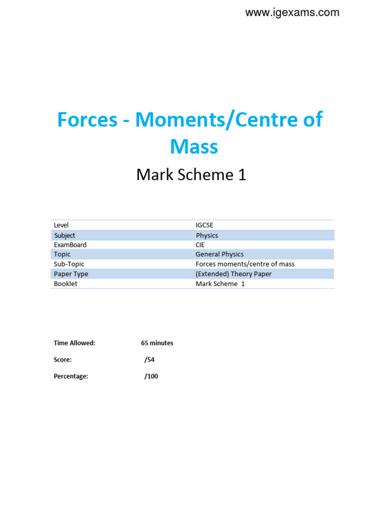 154 Moments Centre of Mass CIE IGCSE Physics Ext Theory Ms Combi 1 | PDF | Force | Mechanics