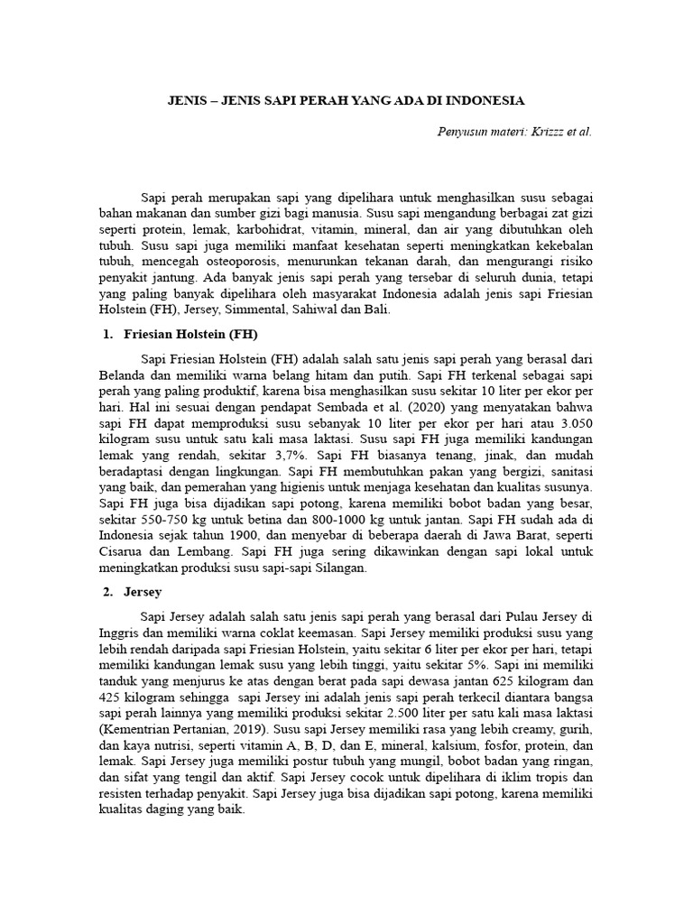 Jenis-Jenis Sapi Perah Di Indonesia | PDF