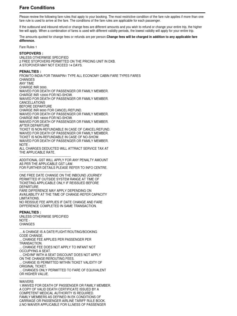 Emirates Fare Conditions | PDF | Fee | Fare