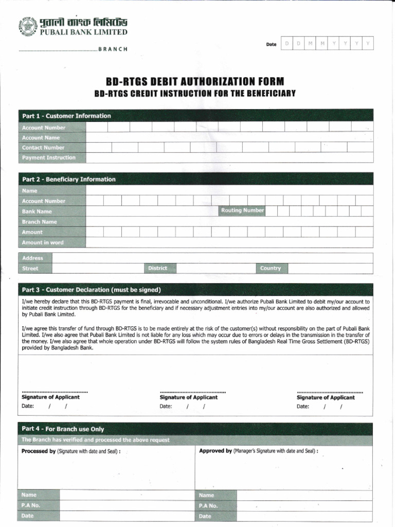 Pubali Bank Rtgs Form | PDF