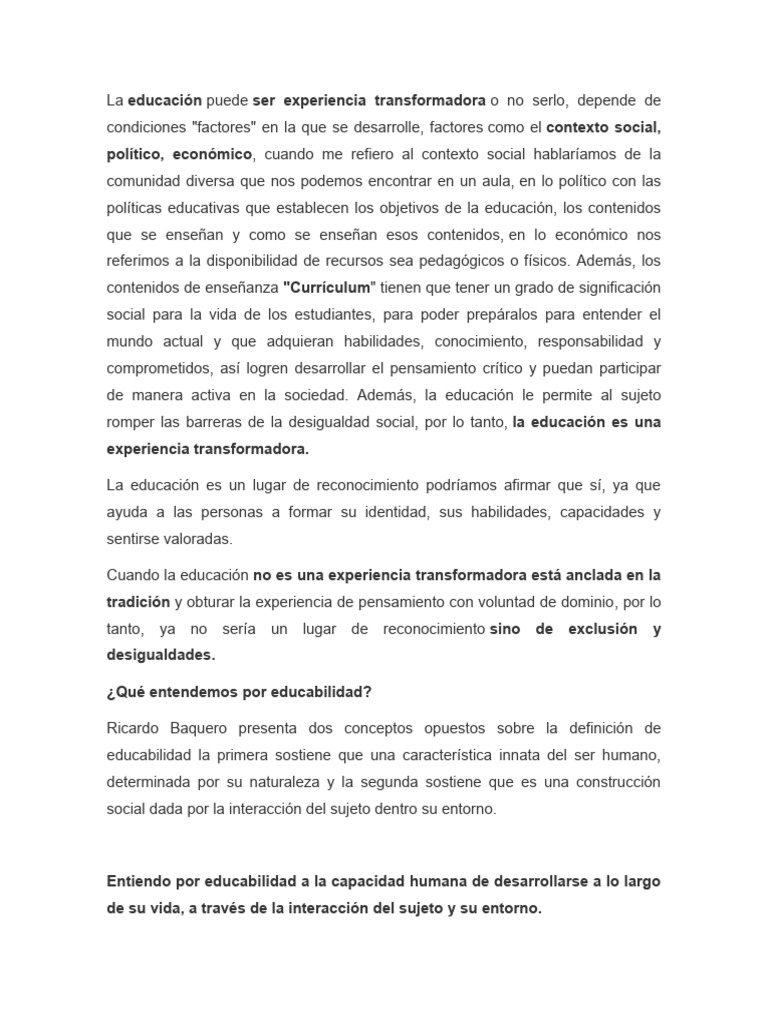 La Educacion Transformadora | PDF | Experiencia | Aprendizaje