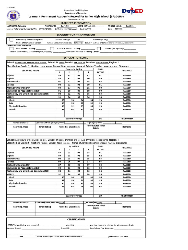 School Form 10 SF10 Learner's Permanent Academic Record for Junior High ...